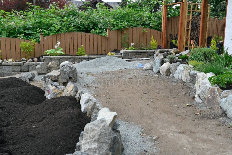 Yard and Garden Construction Project in Progress, Building Stone Lined ...