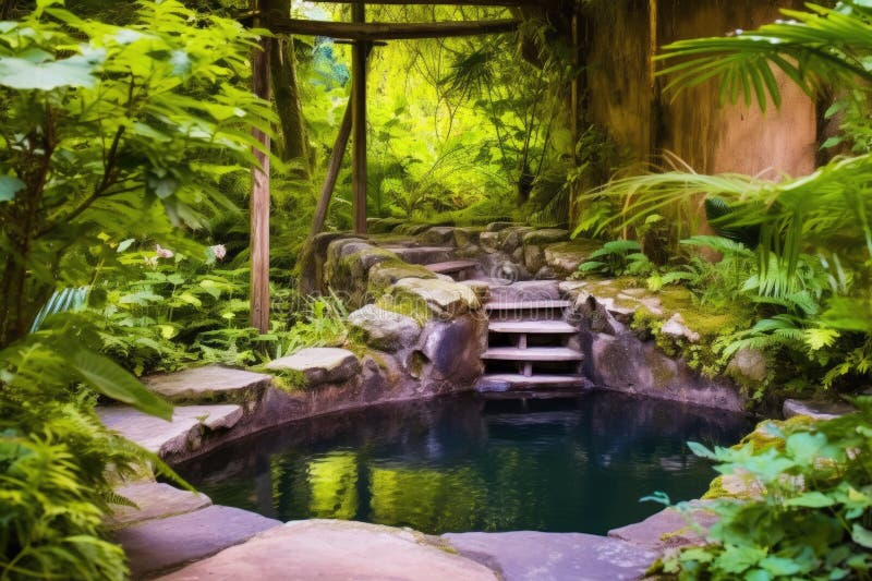 Outdoor Hot Spring in a Serene Garden Setting Stock Image - Image of ...
