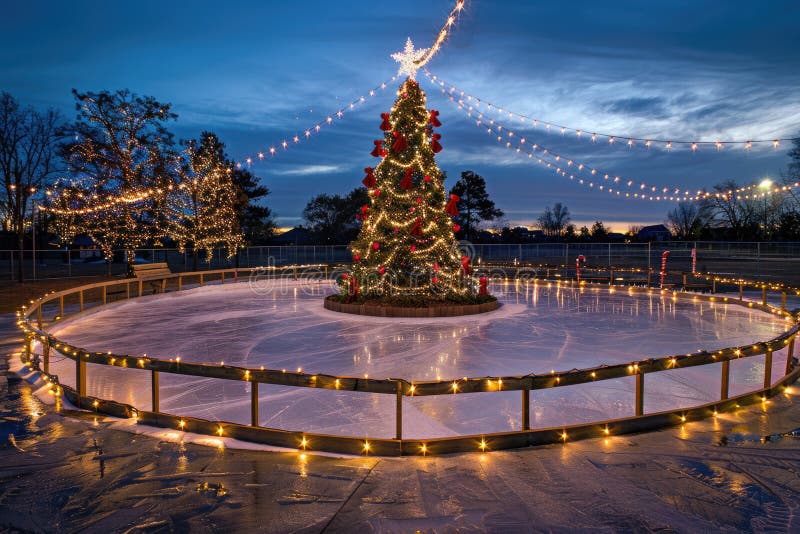 Outdoor Ice Skating Rink Decorated with a Lit Christmas Tree and String ...