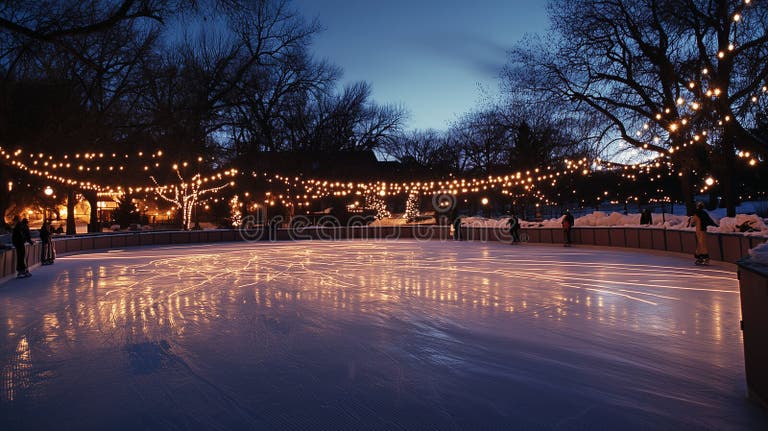 Outdoor Ice Skating Rink Illuminated by Strings of Warm, Glowing Lights ...