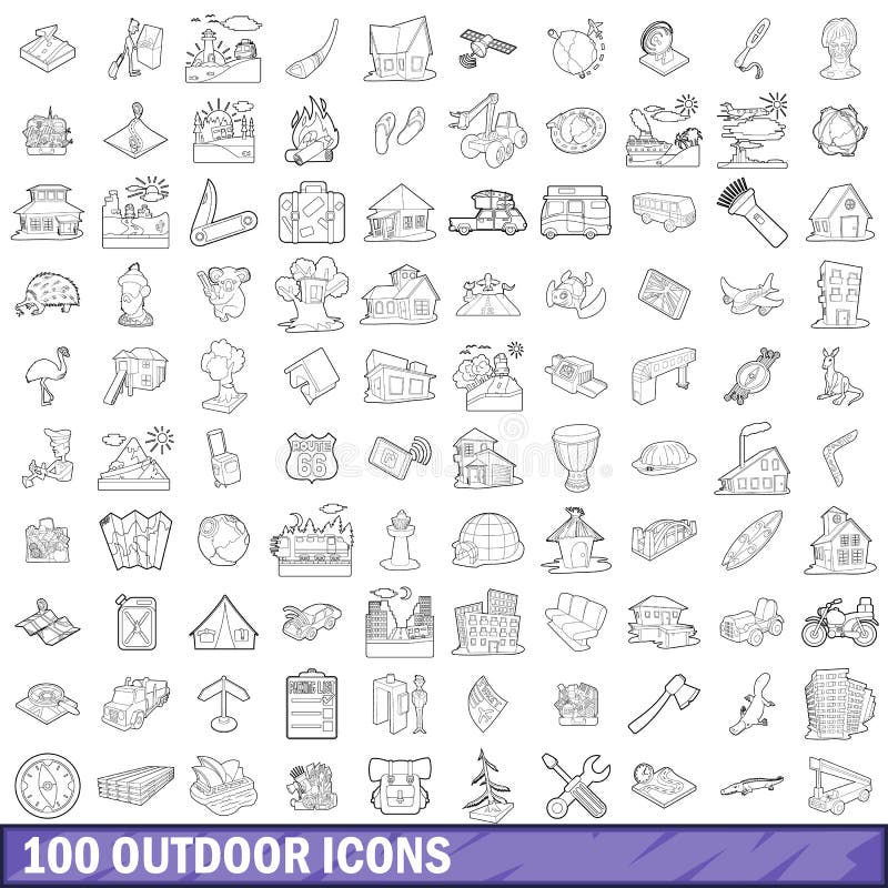 100 Outdoor Icons Set, Outline Style Stock Vector - Illustration of ...
