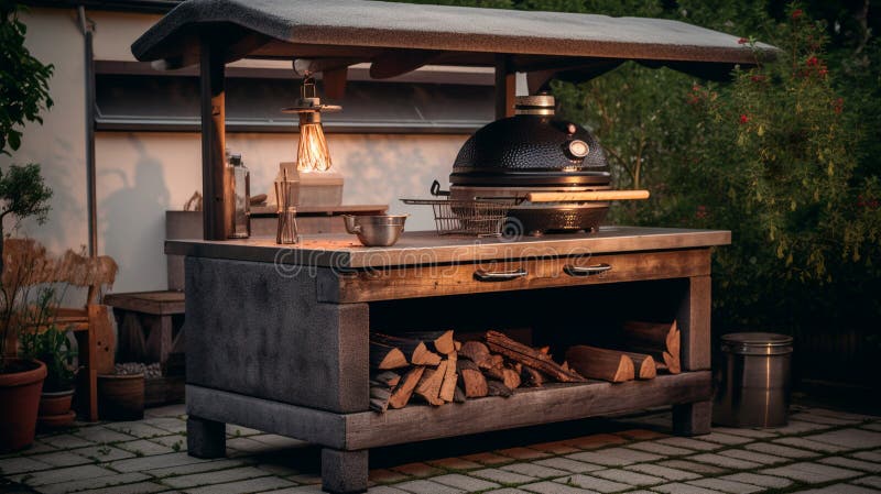 Outdoor Kitchen with Beautiful Cooking Grill with Burning Fire ...