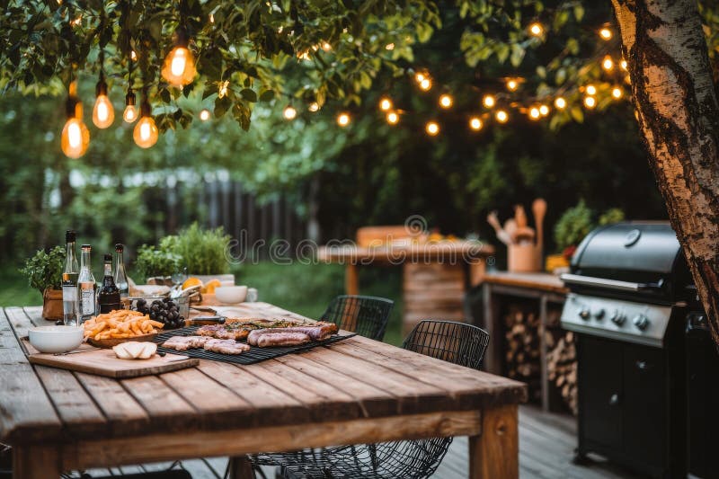 The Outdoor Kitchen Features Stone Elements and a Rustic Wooden Dining ...