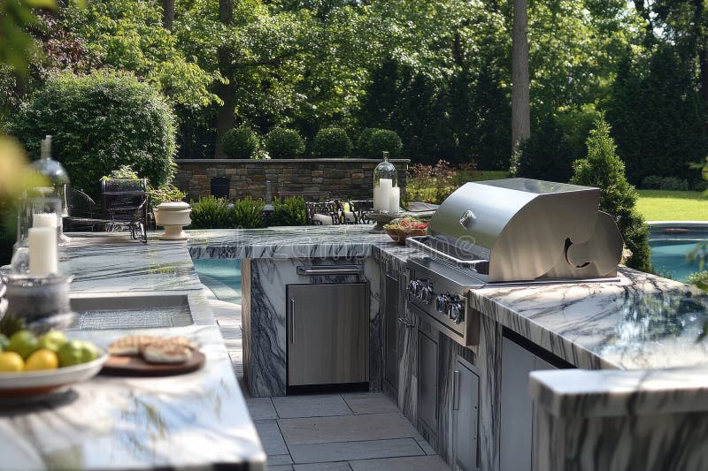 Outdoor Kitchen with Marble Surfaces, Grill, and a Serene Garden View ...