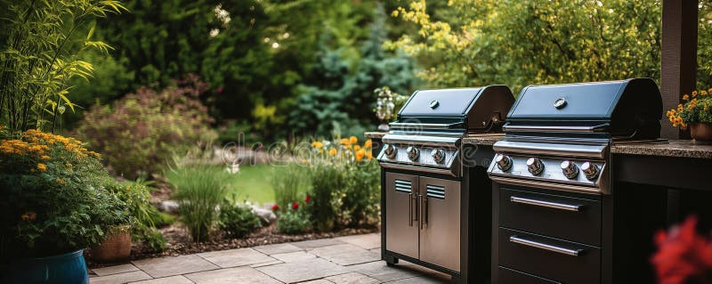 Outdoor Kitchen with Modern Gas Grills in Beautiful Garden Setting ...