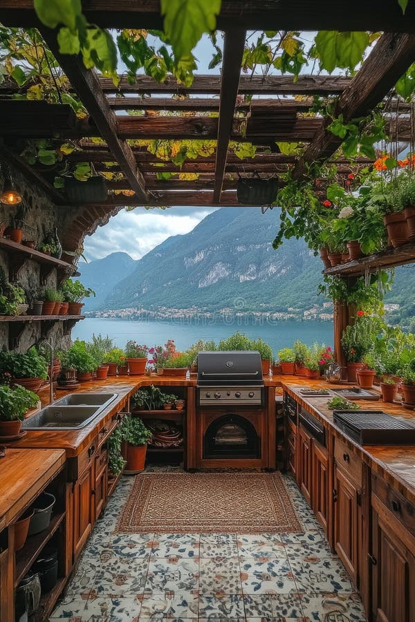 Outdoor Kitchen Overlooking a Lake Surrounded by Mountains Stock ...