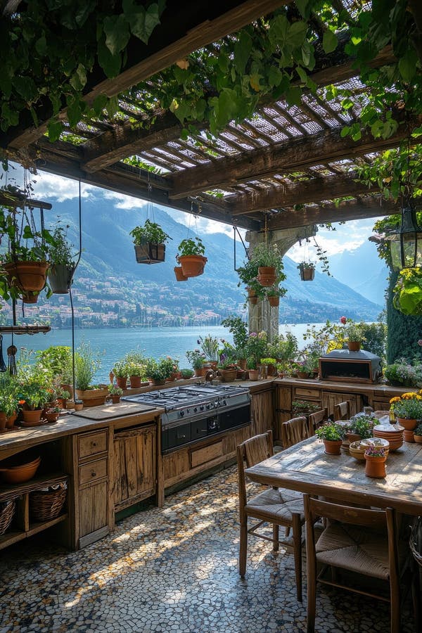 Outdoor Kitchen Overlooking a Lake Surrounded by Mountains Stock ...