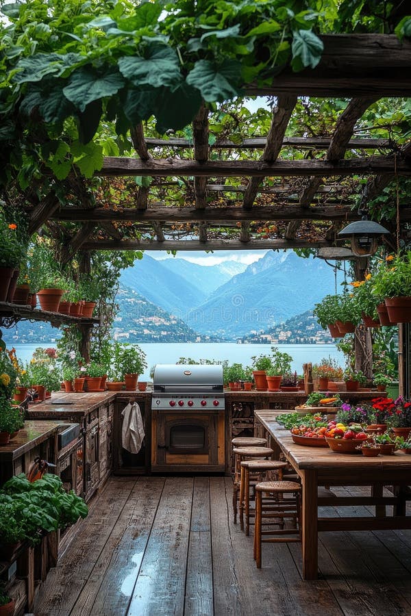 Outdoor Kitchen Overlooking a Lake Surrounded by Mountains Stock ...