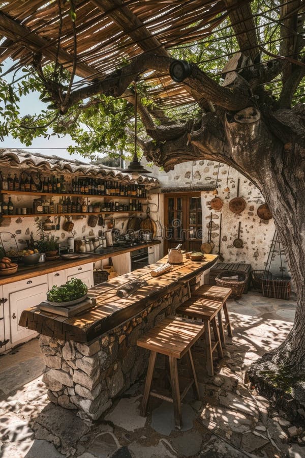 Outdoor Kitchen Setup with Table and Stools, Ideal for Backyard Dining ...