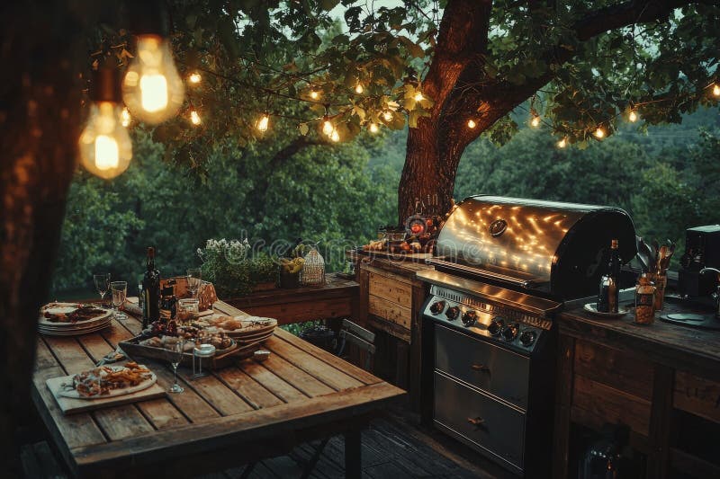 An Outdoor Kitchen with Stone Elements and a Rustic Wooden Dining Table ...