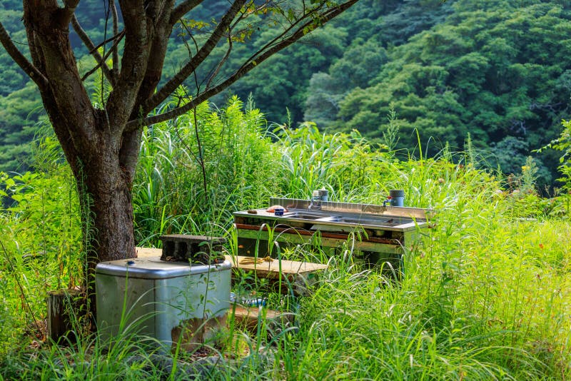 Outdoor Kitchen Under Tree Amid Tall Grass Stock Image - Image of ...