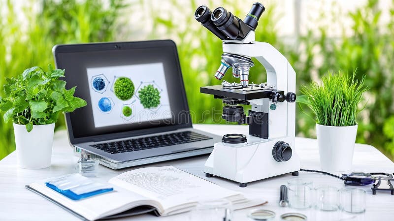 Outdoor Lab Microscope, Laptop, Plants, Research Stock Image - Image of ...