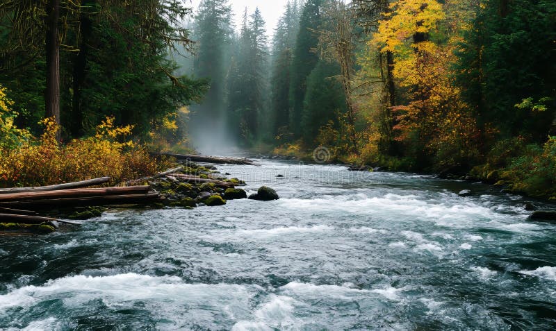 The Outdoor Landscape Features a River with a Fast Current Rushing Over ...