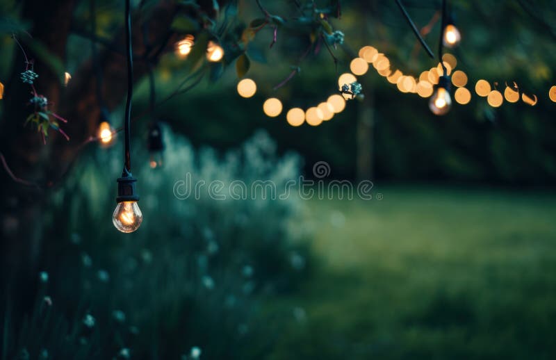 Outdoor Led String Lights Hanging Over the Green Grass Stock Photo ...
