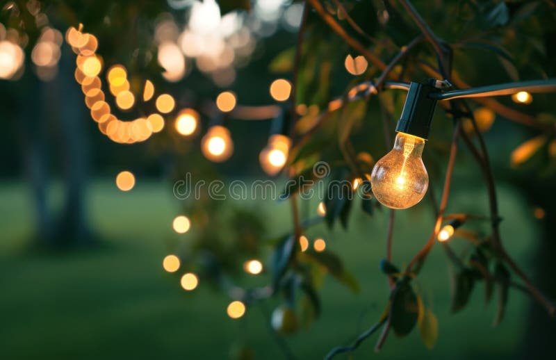 Outdoor Led String Lights Hanging Over the Green Grass Stock Image ...