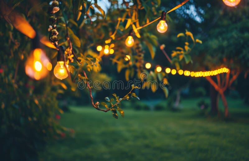 Outdoor Led String Lights Hanging Over the Green Grass Stock Image ...