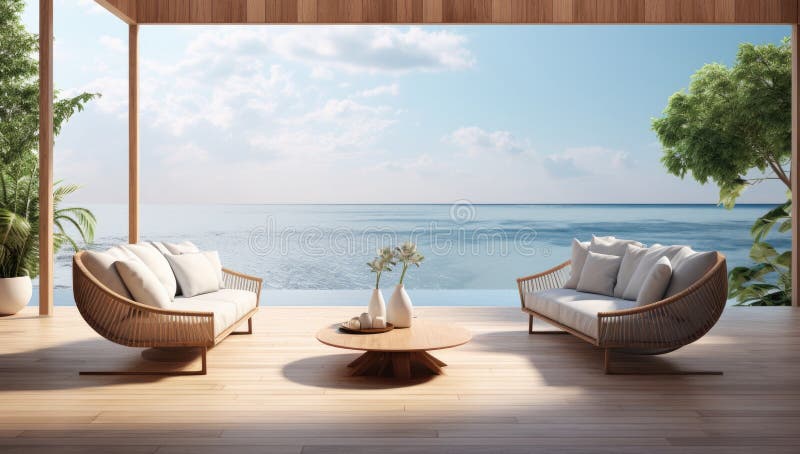 Outdoor Lounge Area Overlooking the Sea is Shown Stock Illustration ...