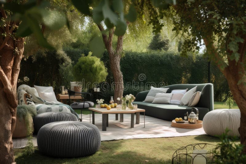 An Outdoor Lounge Area with Plush Seating and Cozy Throws, Surrounded ...