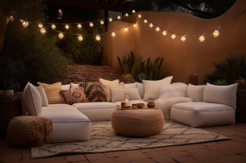 Outdoor Lounge Area with Plush Seating, Oversized Pillows and String ...
