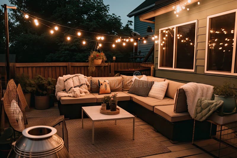 Outdoor Lounge Area with Plush Seating, Oversized Pillows and String ...
