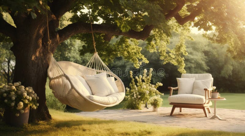 An Outdoor Lounge Chair and Tree in a Backyard Stock Image - Image of ...