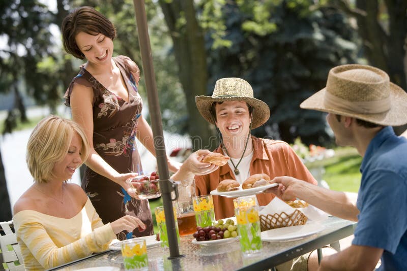 Outdoor lunch with friends stock image. Image of cheerful - 4651085