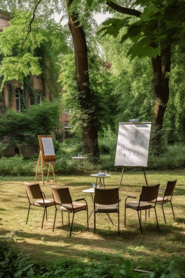Outdoor Meeting Setup with Chairs and Flipchart in a Park Stock ...