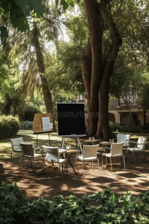 Outdoor Meeting Setup with Chairs and Flipchart in a Park Stock ...