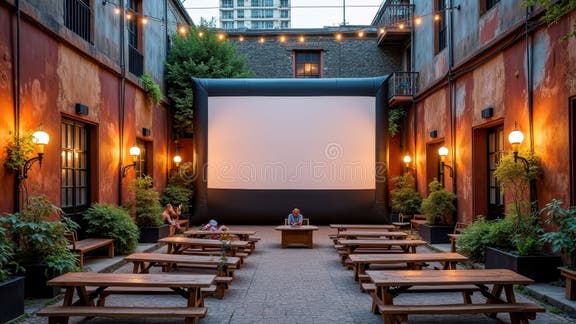 Outdoor Movie Night in Rustic Courtyard with Benches and String Lights ...