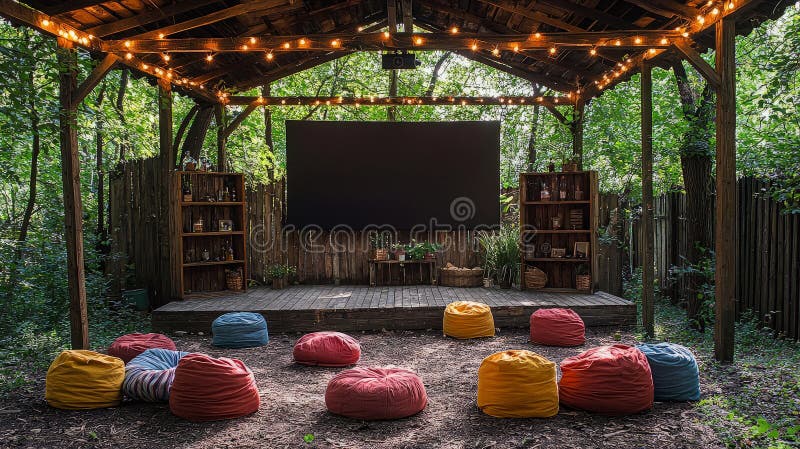 Outdoor Movie Screen, Forest Setting, Beanbag Seating Stock Image ...