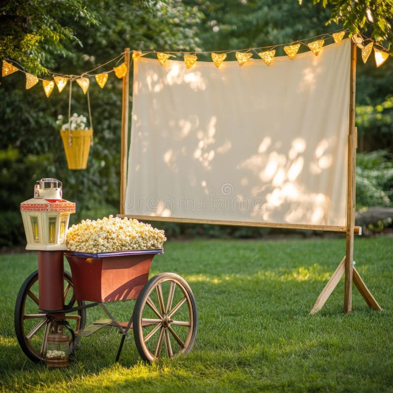Outdoor Movie Screen Setup with Popcorn Cart Stock Image - Image of ...