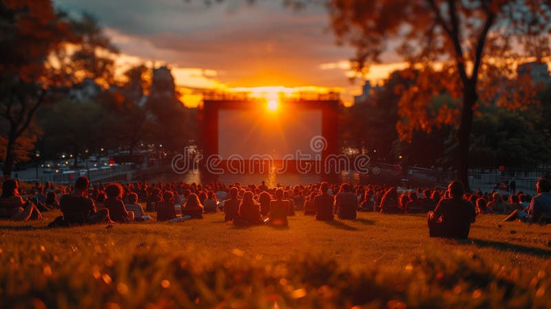 Outdoor Movie Screening at Sunset in a Park Stock Image - Image of ...