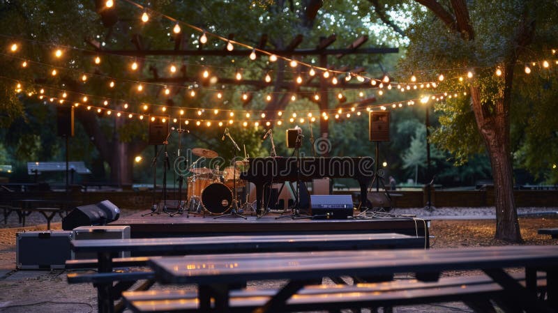 Outdoor Music Stage at Night Stock Photo - Image of music, microphones ...