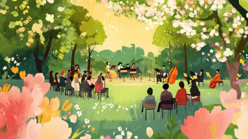 Outdoor Orchestra Performing Classical Music in a Blooming Spring Park ...