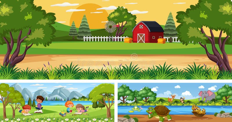 Outdoor Panoramic Landscape Scenes Set with Cartoon Character Stock ...