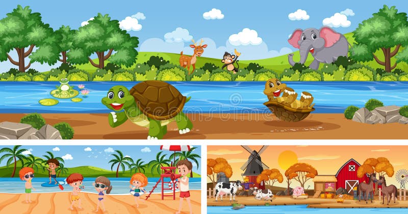 Outdoor Panoramic Landscape Scenes Set with Cartoon Character Stock ...