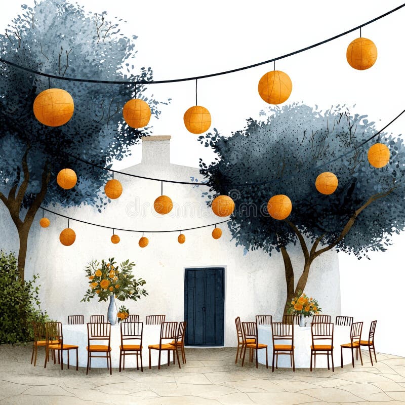 Outdoor Party Setup with Lanterns and Tables Stock Illustration ...