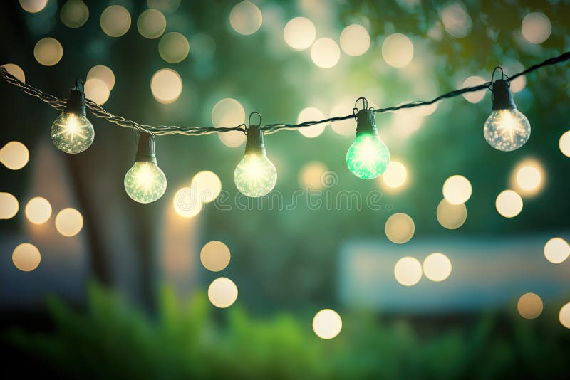 Outdoor Party String Lights Hanging in Backyard on Green Bokeh ...