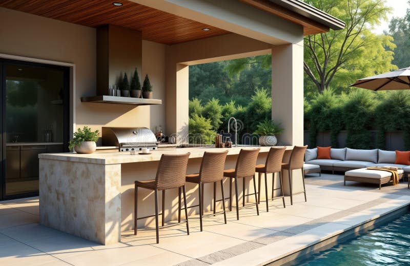 Outdoor Patio Area with Built-in BBQ, Bar Setup. Modern Design Features ...