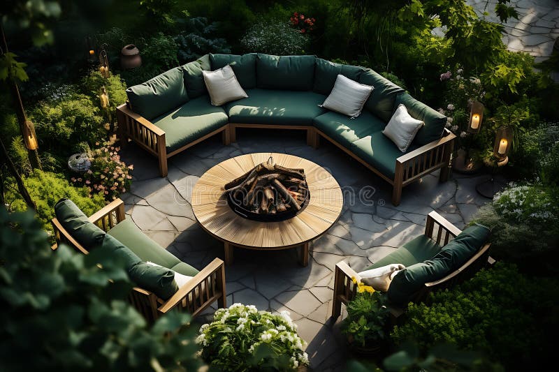 Outdoor Patio with Armchairs and a Bonfire in the Evening Stock ...