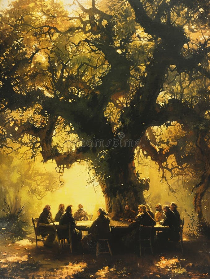 Outdoor Peace Talks Under a Large Oak Tree, Conflicting Parties Seated ...