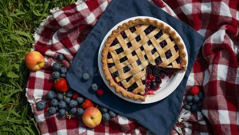 Outdoor Picnic, Fruit Pie and Fruit, Eating Outside on a Plaid Blanket ...