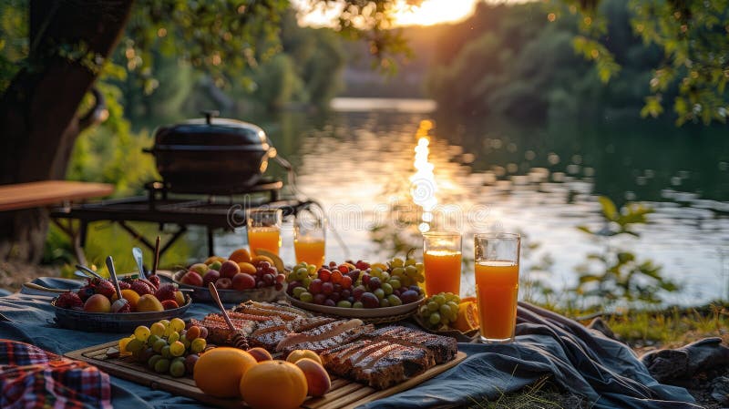 Outdoor Picnic by the Lake during Sunset Stock Illustration - Illustration of juice, summer ...