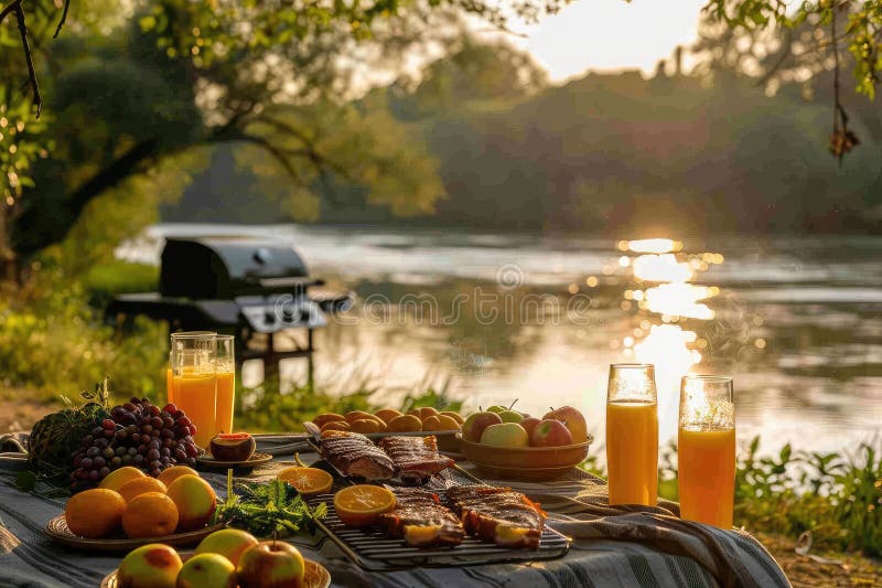 Outdoor Picnic by the Lake during Sunset Stock Illustration ...