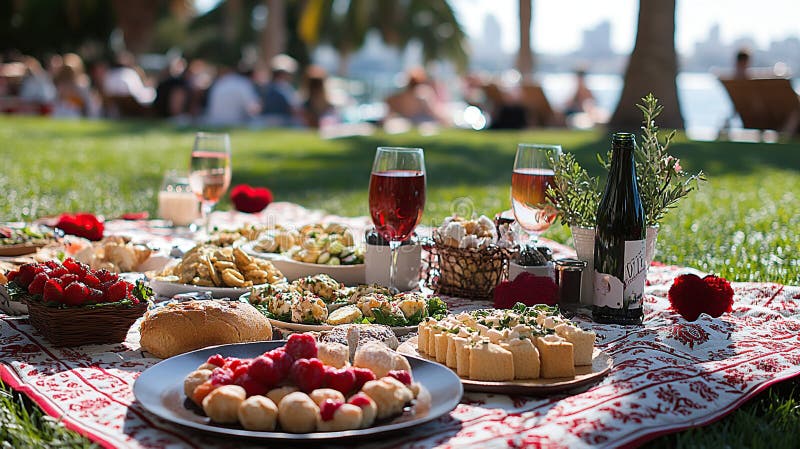 Outdoor Picnic Spread with Varied Food and Drinks Stock Image - Image ...
