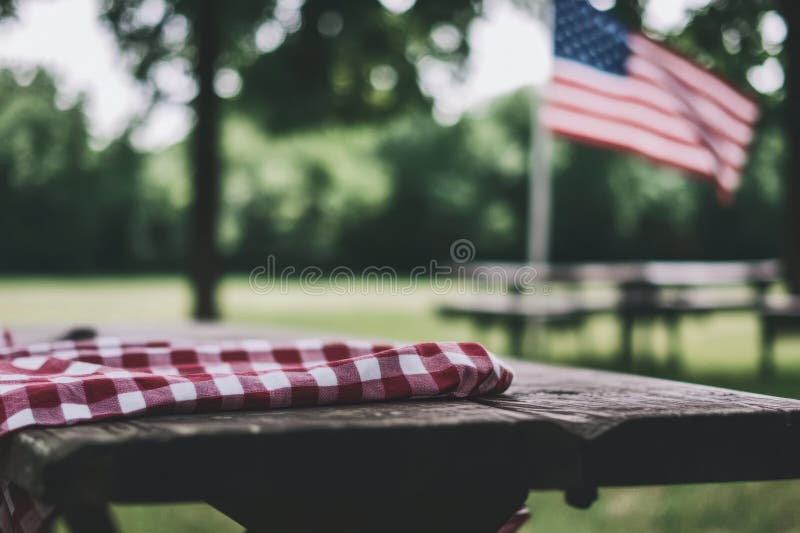 Outdoor Picnic Table with Checkered Cloth and American Flag in the ...