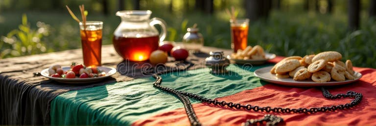 Outdoor Picnic Table with Refreshments, Fruits, and Snacks in a Sunlit ...