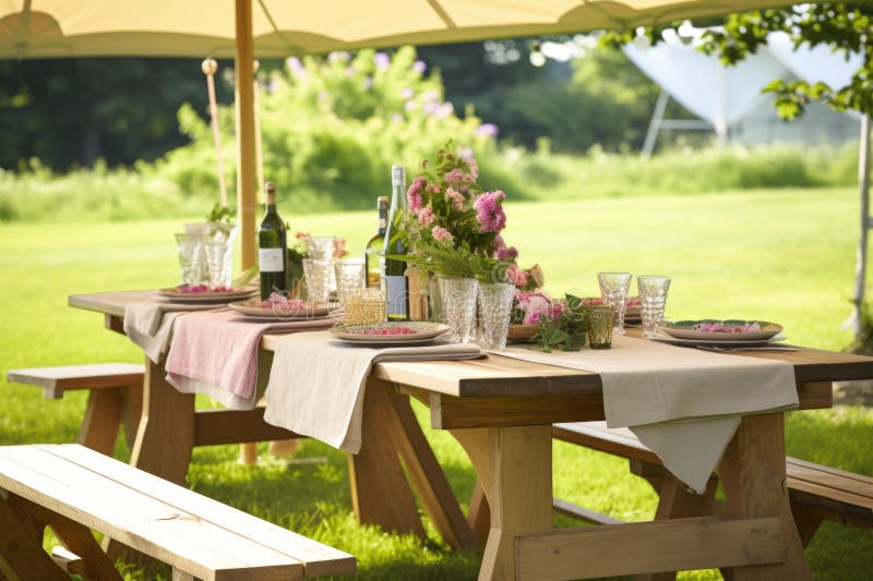 Outdoor Picnic Table Setting Under a Tent Stock Image - Image of summer ...