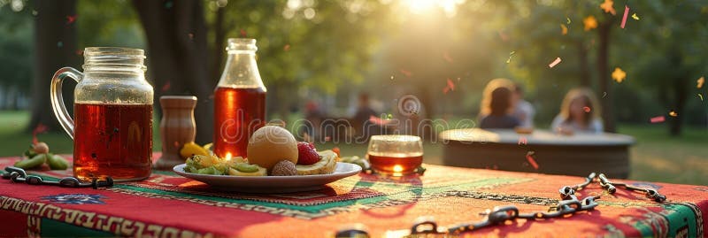 Outdoor Picnic Table with Tea and Fruit at Sunset Stock Image - Image ...
