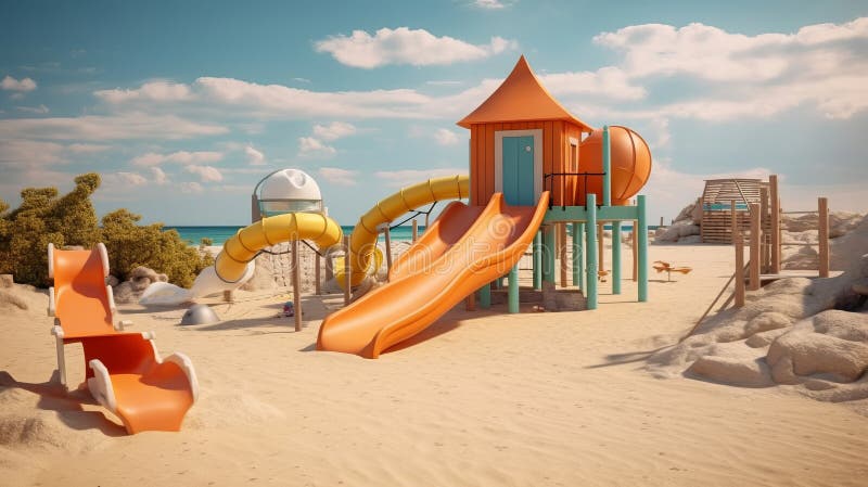 Outdoor Play Area with a Slides on the Beach. Generative AI. Stock ...
